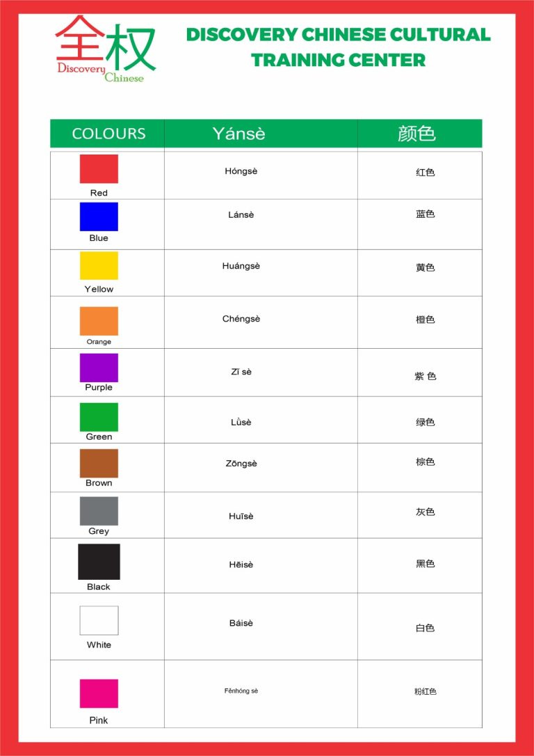 Chinese Colours Chart – Discovery Chinese Cultural Center